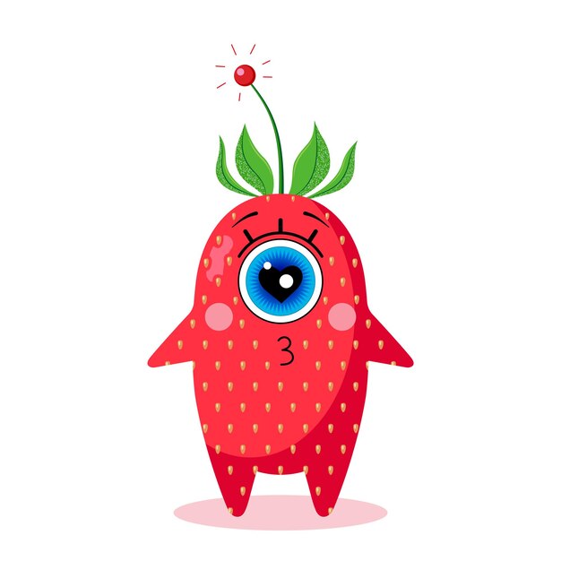 Adorable One-Eyed Strawberry Creature with Vibrant Leaves | Jiffy Designs
