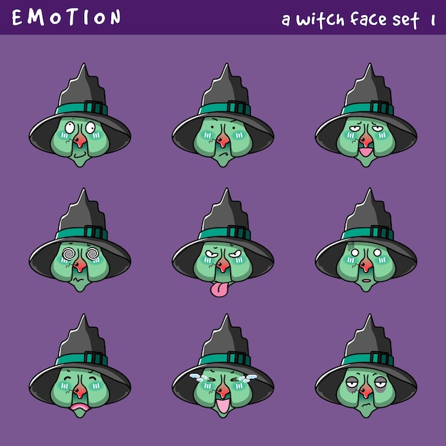 Whimsical Witch Faces Expressing Vibrant Emotions in Cartoon Style ...