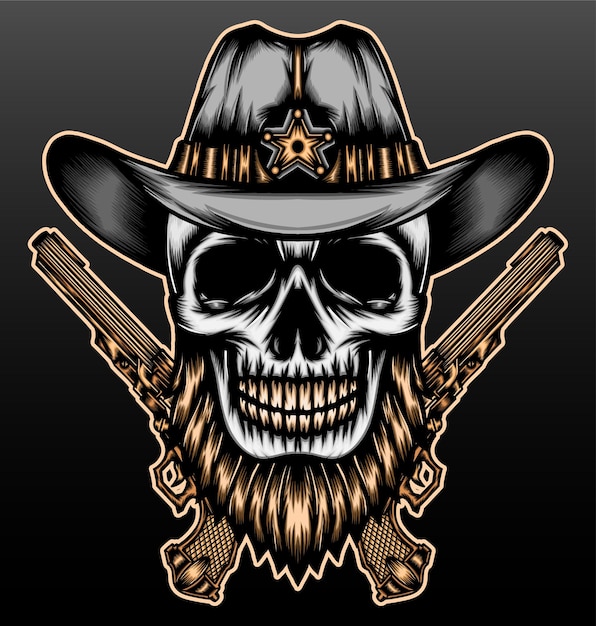 Fearsome Outlaw Skull with Crossed Revolvers and Cowboy Hat | Jiffy Designs