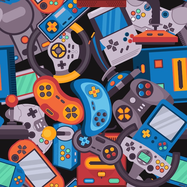 Vibrant Collage of Retro Gaming Controllers and Consoles | Jiffy Designs