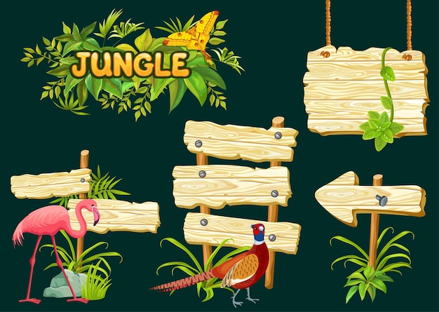 Vibrant Jungle Collection with Wooden Signposts and Tropical Elements ...