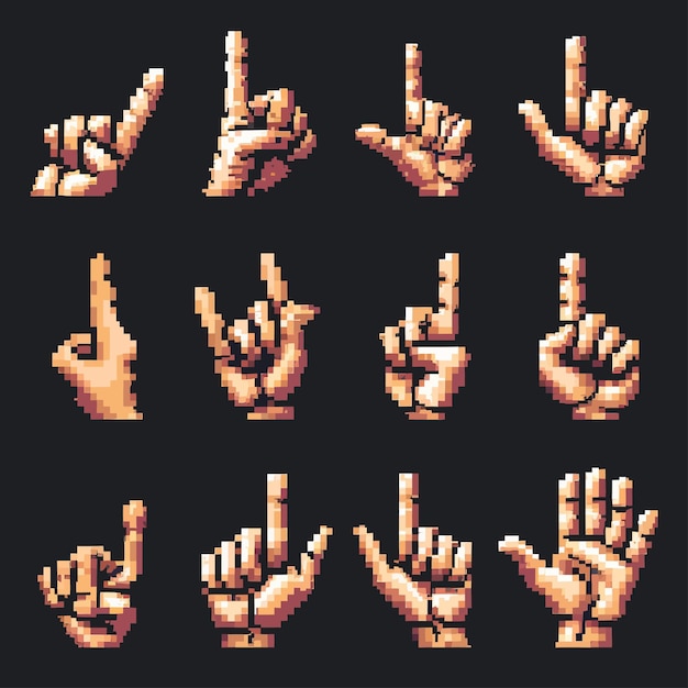 Diverse Pixel Art Hand Gestures Collection on Dark Background | Jiffy ...