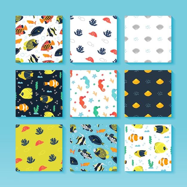 Vibrant Sea Life Pattern Collection with Diverse Marine Elements ...