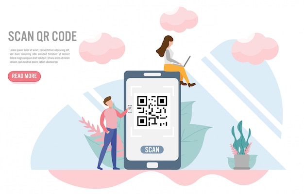 Scan QR Code Illustration with Playful Characters and Clouds | Jiffy ...