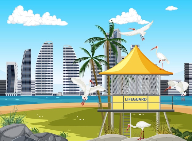 Vibrant Coastal Lifeguard Station with Soaring Seagulls | Jiffy Designs