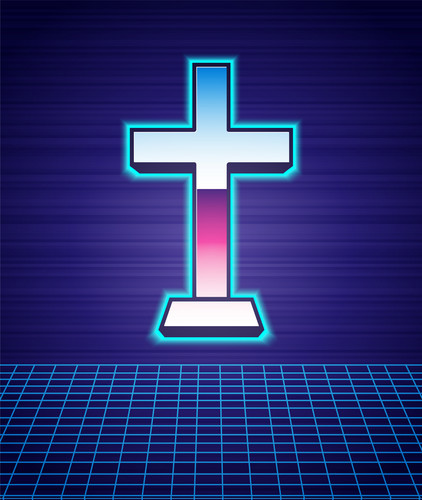 Retro Style Christian Cross Icon Isolated Futuristic Landscape ...