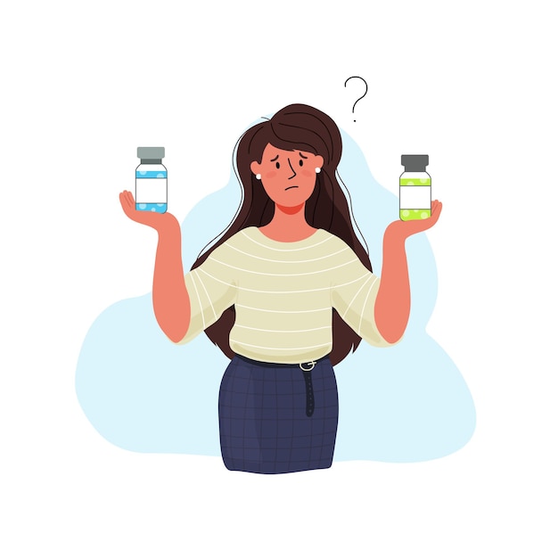 Confused Woman Weighing Options with Medication Bottles | Jiffy Designs