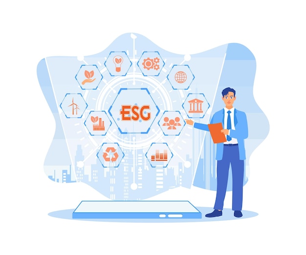 Vibrant ESG Symbols Surround Thoughtful Businessman on Digital Tablet ...