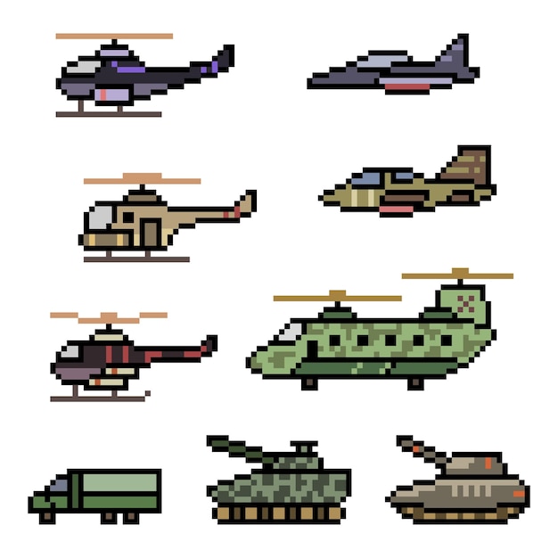 Retro Pixel Art Aerial Vehicles: Helicopters, Planes, and Tanks | Jiffy ...