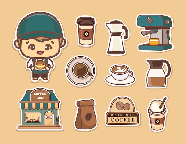 Charming Coffee Shop Stickers Featuring Barista and Brewing Essentials ...