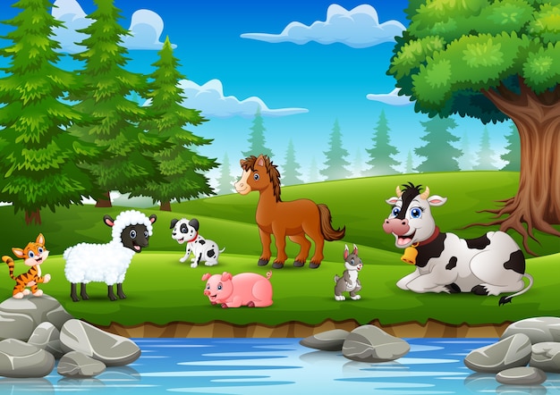 Playful Farm Animals in Idyllic Nature Scenery Illustration | Jiffy Designs