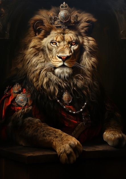 Regal Lion Ruler in Ornate Crimson Robes and Crown | Jiffy Designs