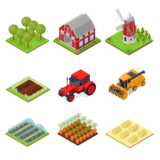 Vibrant Isometric Farm Landscape with Barn, Tractor, and Crops | Jiffy ...