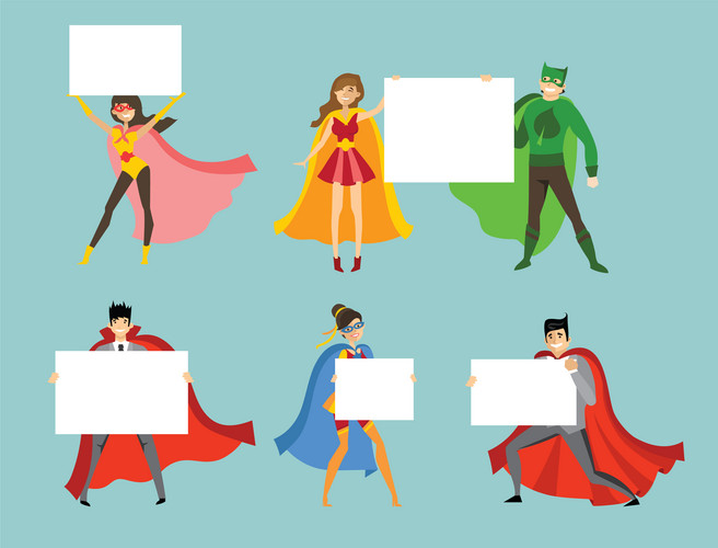 Vector Illustration Of Superheros Holding White Banner In The Flat ...