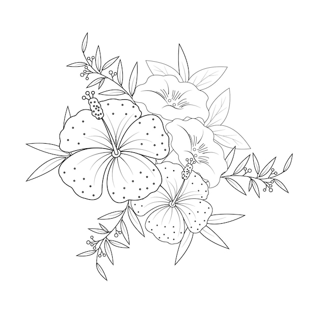 Delicate Floral Outline Drawing with Blossoms and Leaves | Jiffy Designs