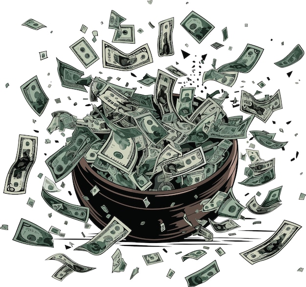 Explosion of Wealth: Cascading Dollar Bills Bursting from Cauldron ...