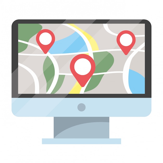 Colorful GPS Map Location Icons on Computer Screen Illustration | Jiffy ...