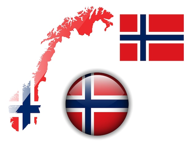Vibrant Symbols of Norway: Flag, Map, and Button Icons | Jiffy Designs