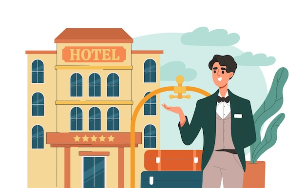 Elegant Hotel Exterior with Friendly Concierge Greeting Guests | Jiffy ...
