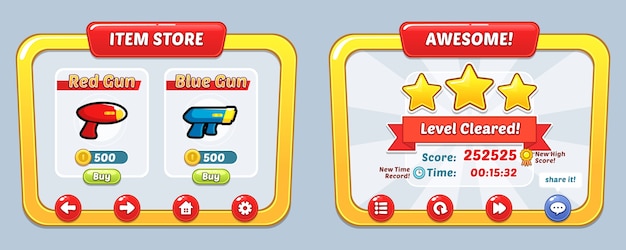 Colorful Game Interface with Item Store and Level Cleared Panels ...