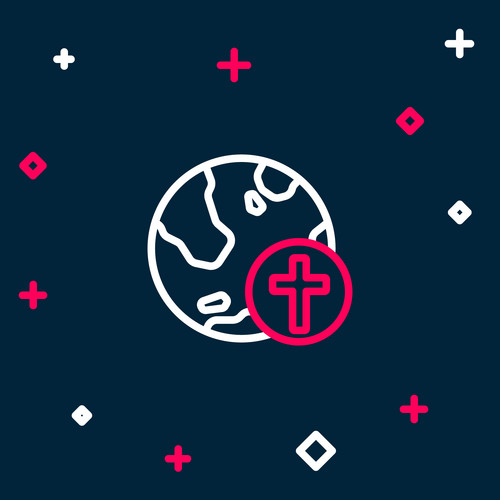 Line Christian Cross With Globe Earth Icon Isolated On Blue Background ...
