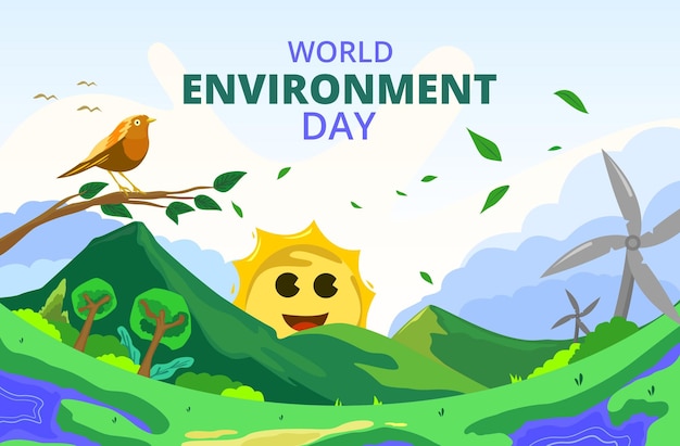 Vibrant World Environment Day Landscape with Smiling Sun | Jiffy Designs