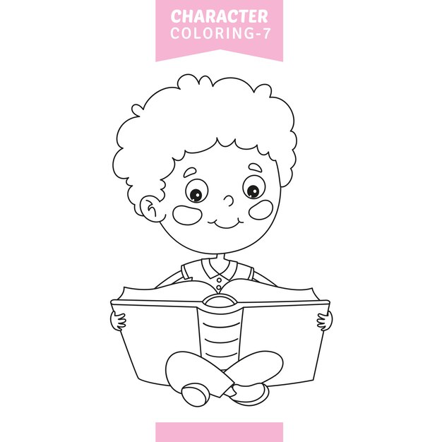 Cute Curly-Haired Boy Reading Book Outline Illustration | Jiffy Designs