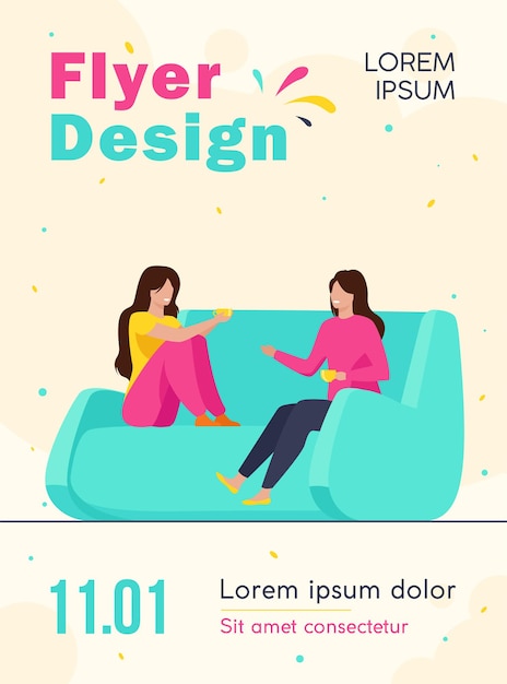 Vibrant Flyer Design Featuring Two Friends Relaxing on Sofa | Jiffy Designs