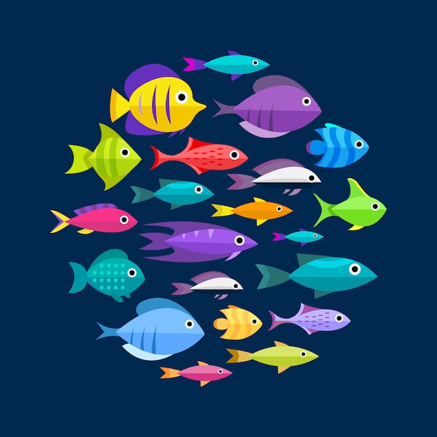 Vibrant Fish Swarm Illustration with Geometric Shapes and Colors ...