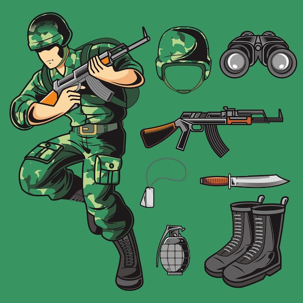 Illustrated Military Soldier with Weapons and Gear Set | Jiffy Designs