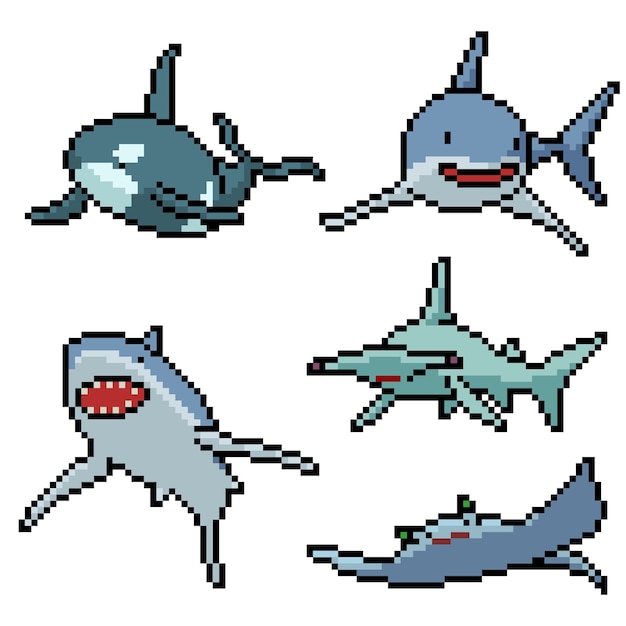 Diverse Collection of Vibrant Pixel Art Sharks | Jiffy Designs