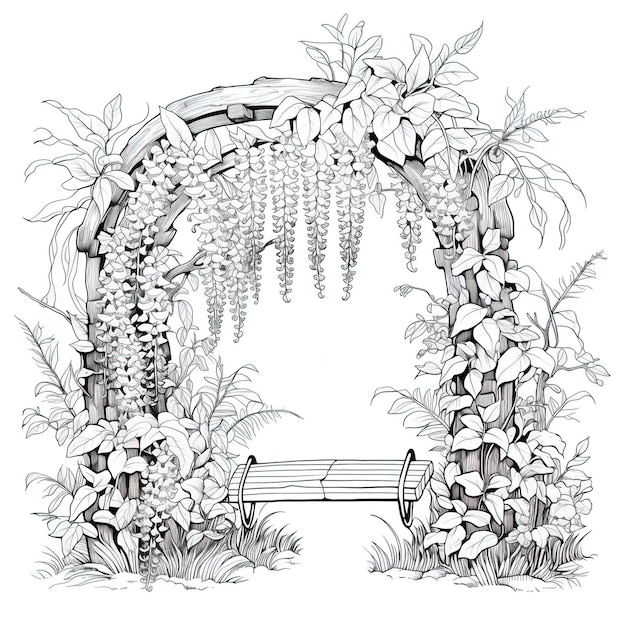 Intricate Garden Archway Drawing with Bench and Floral Accents | Jiffy ...