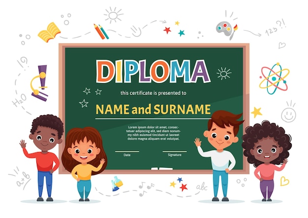 Colorful Diploma Certificate with Playful Student Illustrations | Jiffy ...