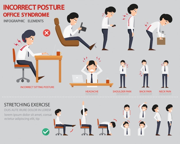 Incorrect Posture Office Syndrome and Stretching Exercise Illustrations ...