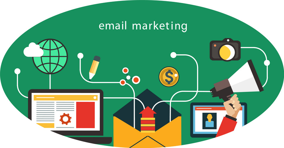 Flat Vector Mobile App - Email Marketing. Interface Icons In An Oval ...