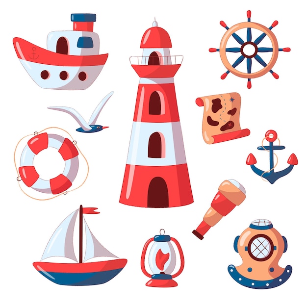 Vibrant Nautical Voyage: Lighthouse, Ships, and Seafaring Symbols ...
