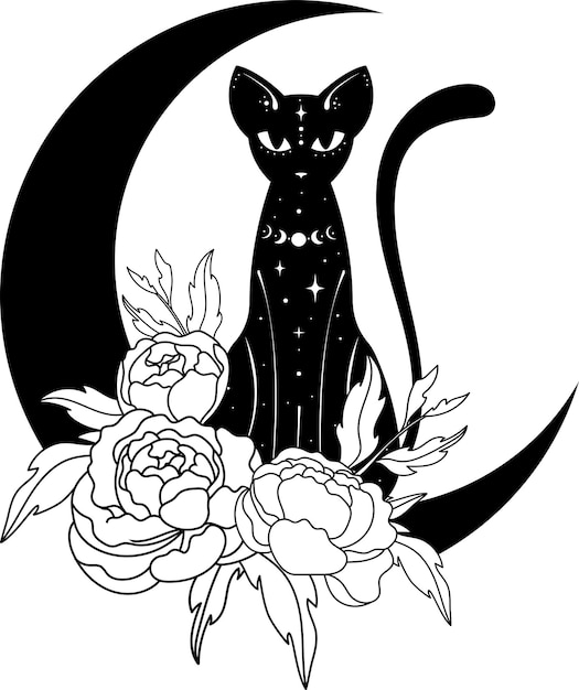Enchanting Black Cat Silhouette with Celestial Blooms | Jiffy Designs