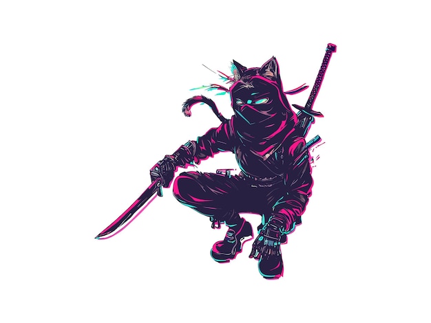 Fearless Feline Warrior: A Neon-Hued Ninja Cat | Jiffy Designs