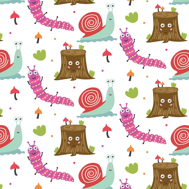 Whimsical Forest Creatures Pattern with Snails and Tree Stumps | Jiffy ...