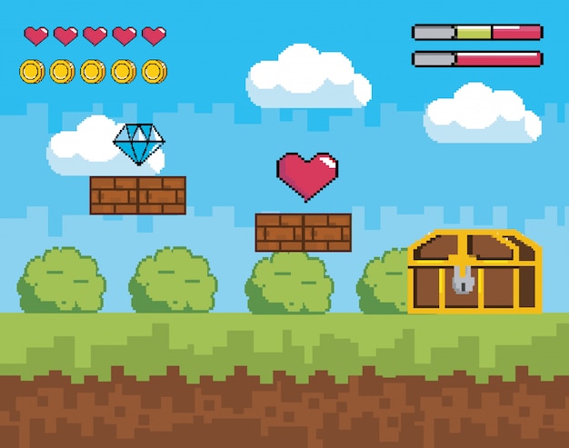 Retro Platformer with Treasure and Hearts | Jiffy Designs