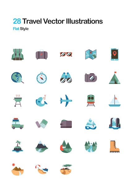 Diverse Collection of 28 Vibrant Travel-Themed Vector Icons | Jiffy Designs
