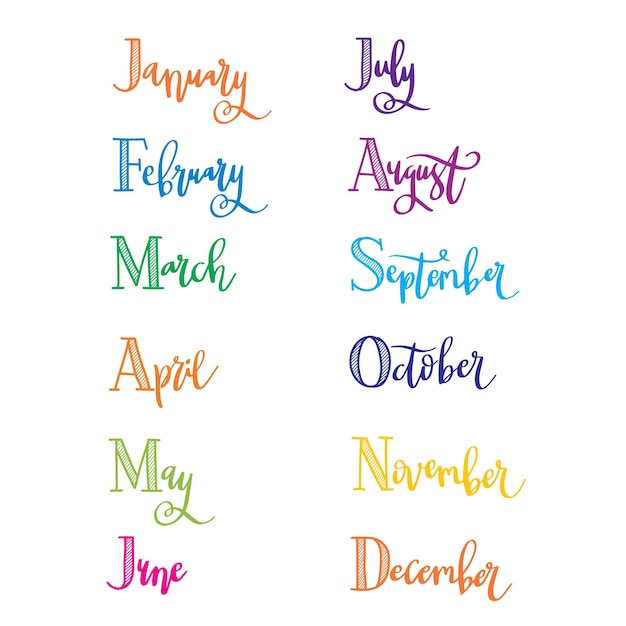 Colorful Handwritten Calligraphy Months of the Year | Jiffy Designs