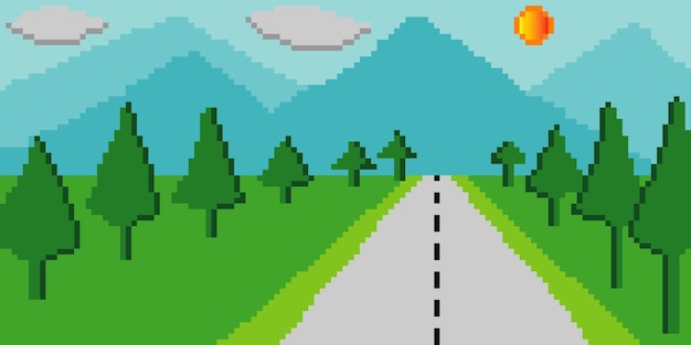 Pixelated Landscape with Road Leading to Mountains Under Blue Sky ...