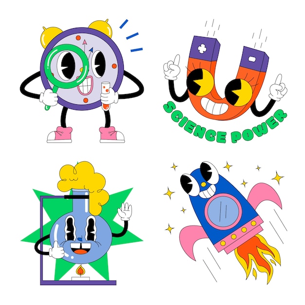 Vibrant Collection of Four Cartoon Science Mascots | Jiffy Designs