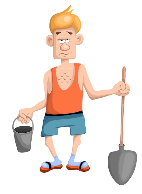 Grumpy Old Man with Shovel and Bucket Cartoon Illustration | Jiffy Designs