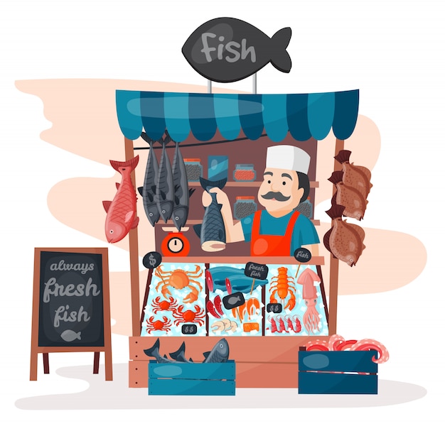 Vibrant Seafood Market Stall with Friendly Vendor | Jiffy Designs