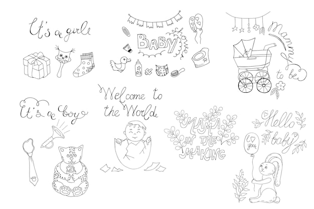 Charming Baby Shower Doodle Illustrations with Stork, Balloons, and ...