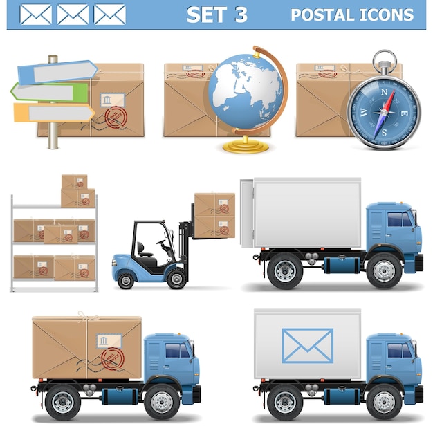 Vibrant Postal Delivery Icons: Parcels, Vehicles, and Global Reach ...