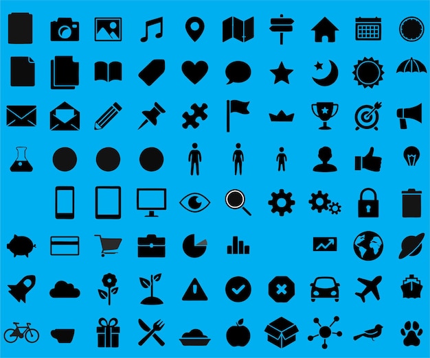 Diverse Set of Minimalist Black Icons on Vibrant Blue Background ...