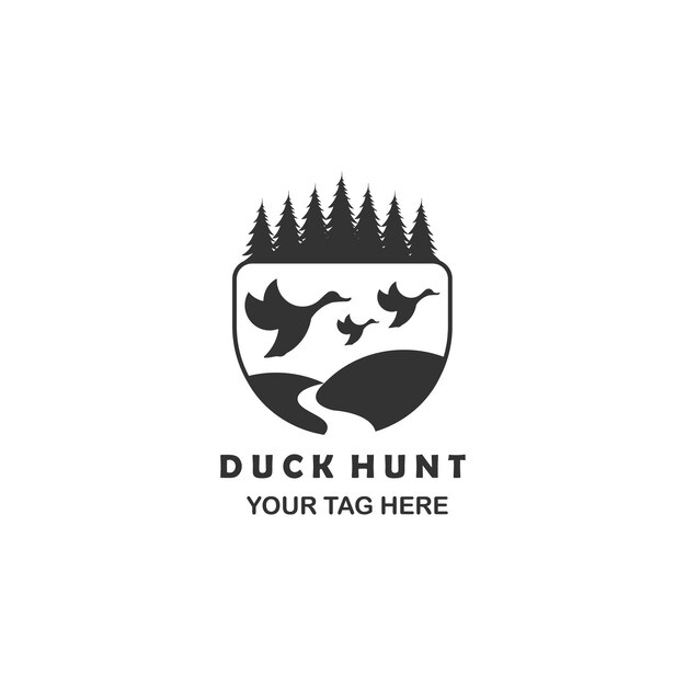 Majestic Duck Hunt Emblem with Pine Trees and River | Jiffy Designs